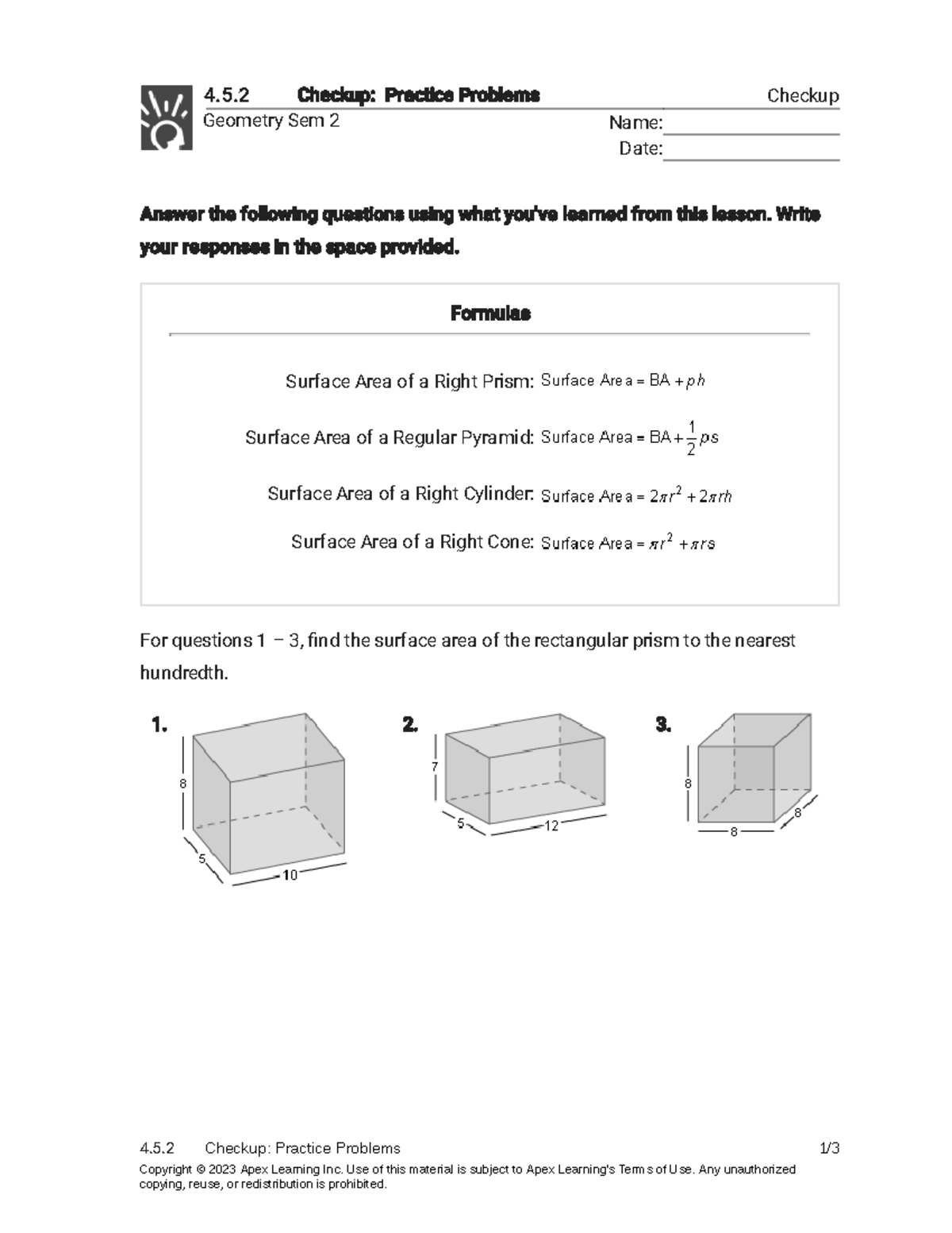 4.5 Geometry Checkup - Surface Area Practice Problems - Studocu