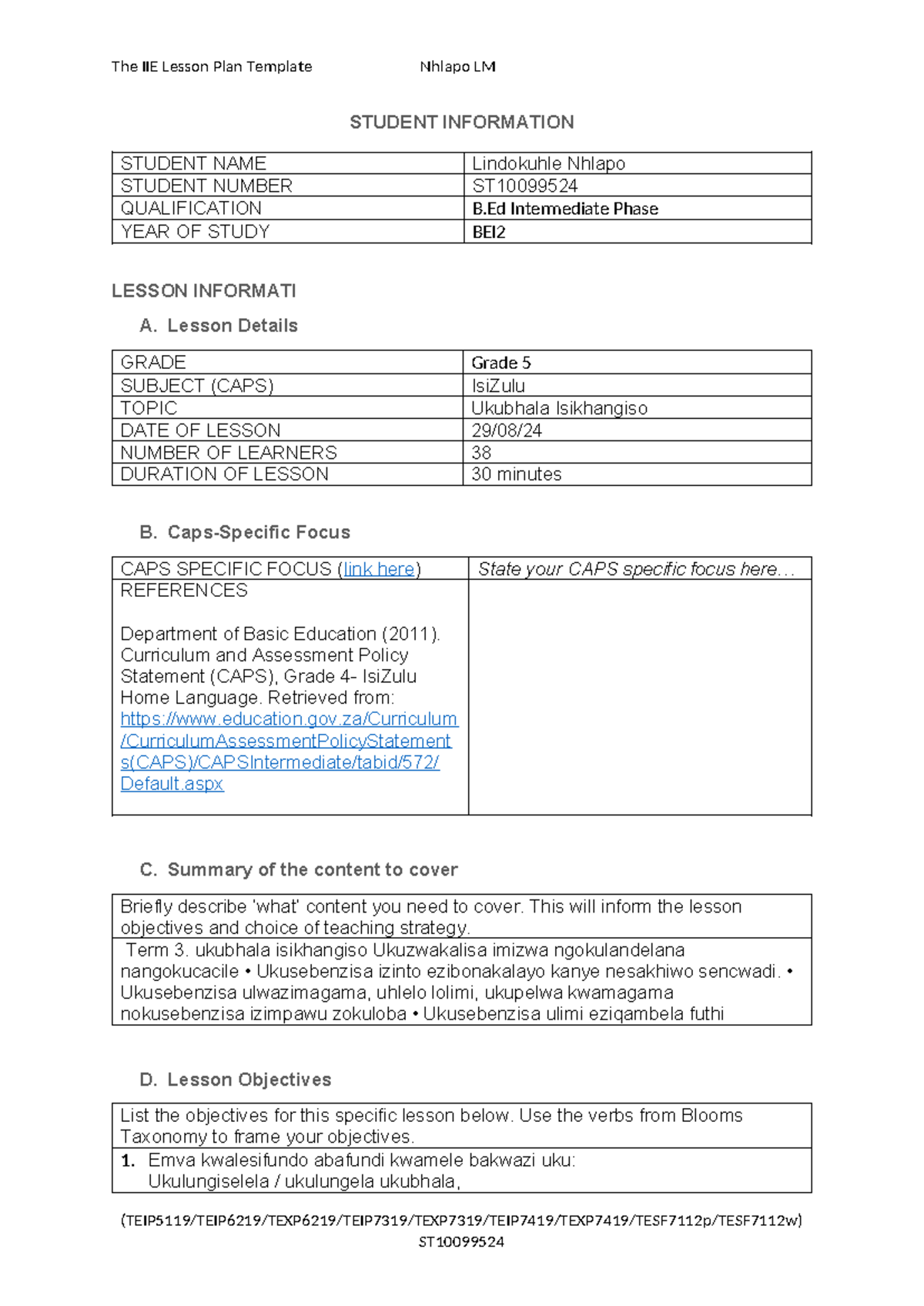 IsiZulu Grade 5 Lesson Plan: Crafting Isikhangiso - Studocu