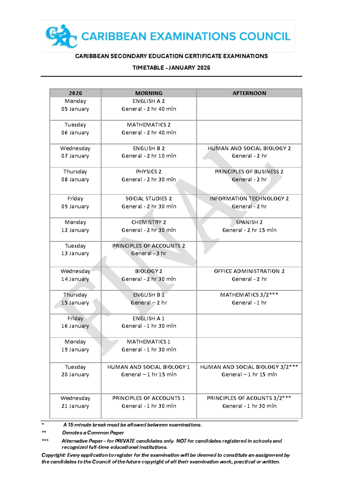 CSEC Timetable January 2026 - Final Exam Schedule - Studocu