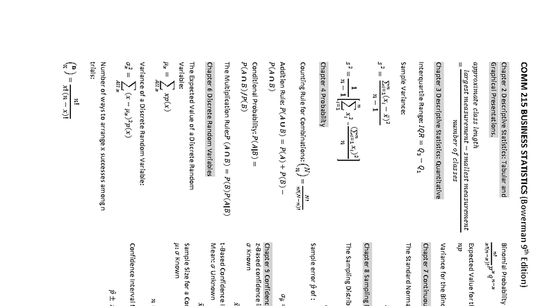 COMM 215 BUSINESS STATISTICS Final Exam Formula Sheet - Studocu