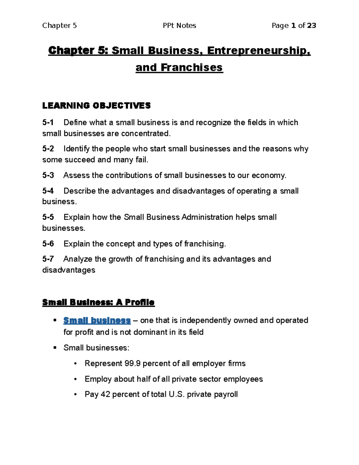 Chapter 5: Small Business, Entrepreneurship & Franchising Notes - Studocu