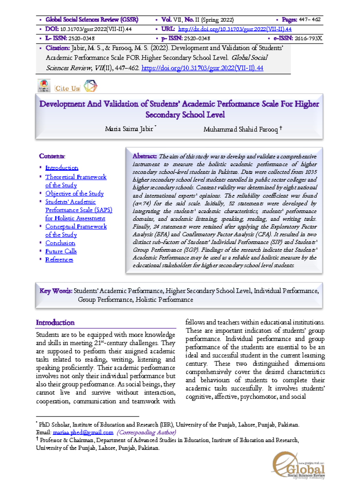 Development and Validation of Academic Performance Scale (GSSR) - Studocu