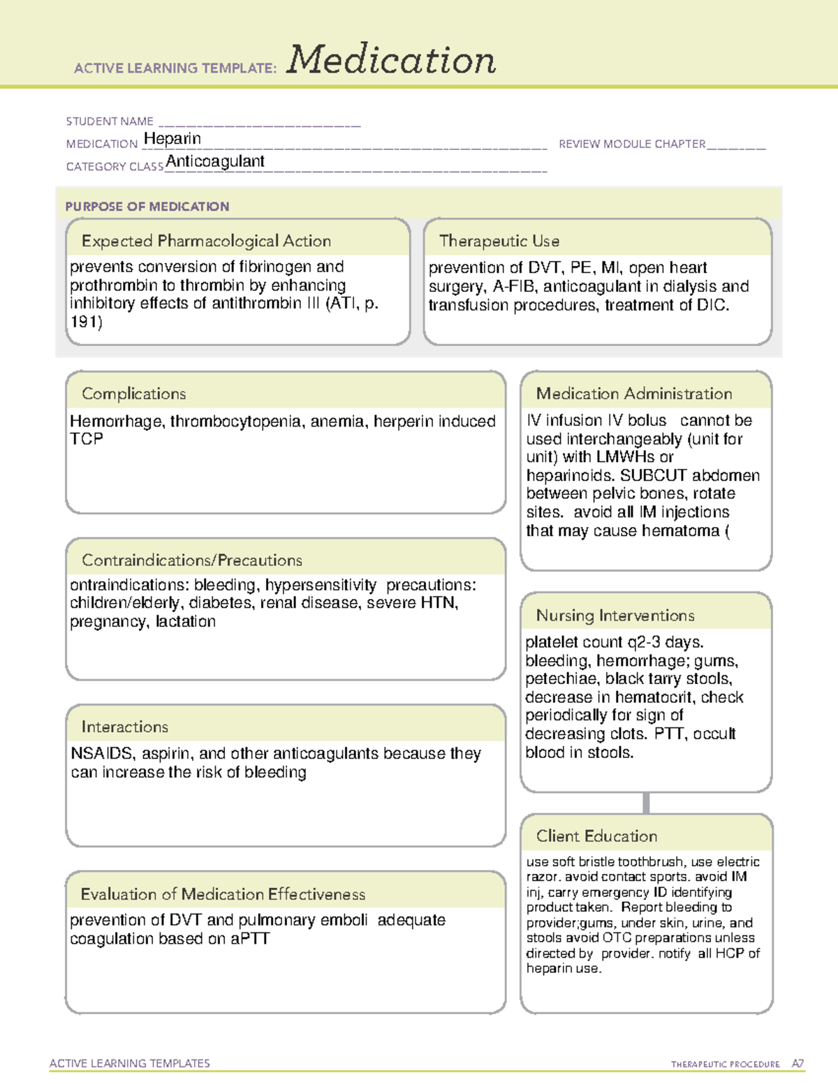 Heparin: Active Learning Template for Medication (Therapeutic ...