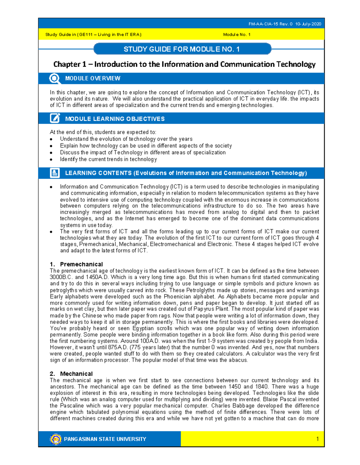 SG1 Study Guide: Introduction to ICT in the IT Era - Module 1 - Studocu