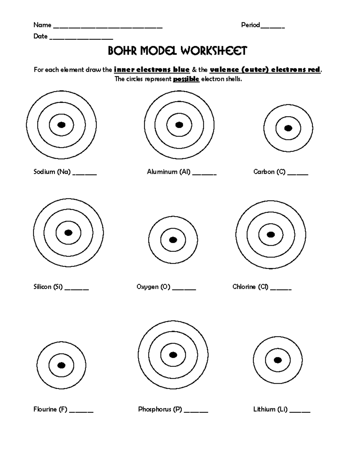 Bohr Model Practice Worksheet for Elements (Na, Al, Si, O, F, P, C, Cl ...