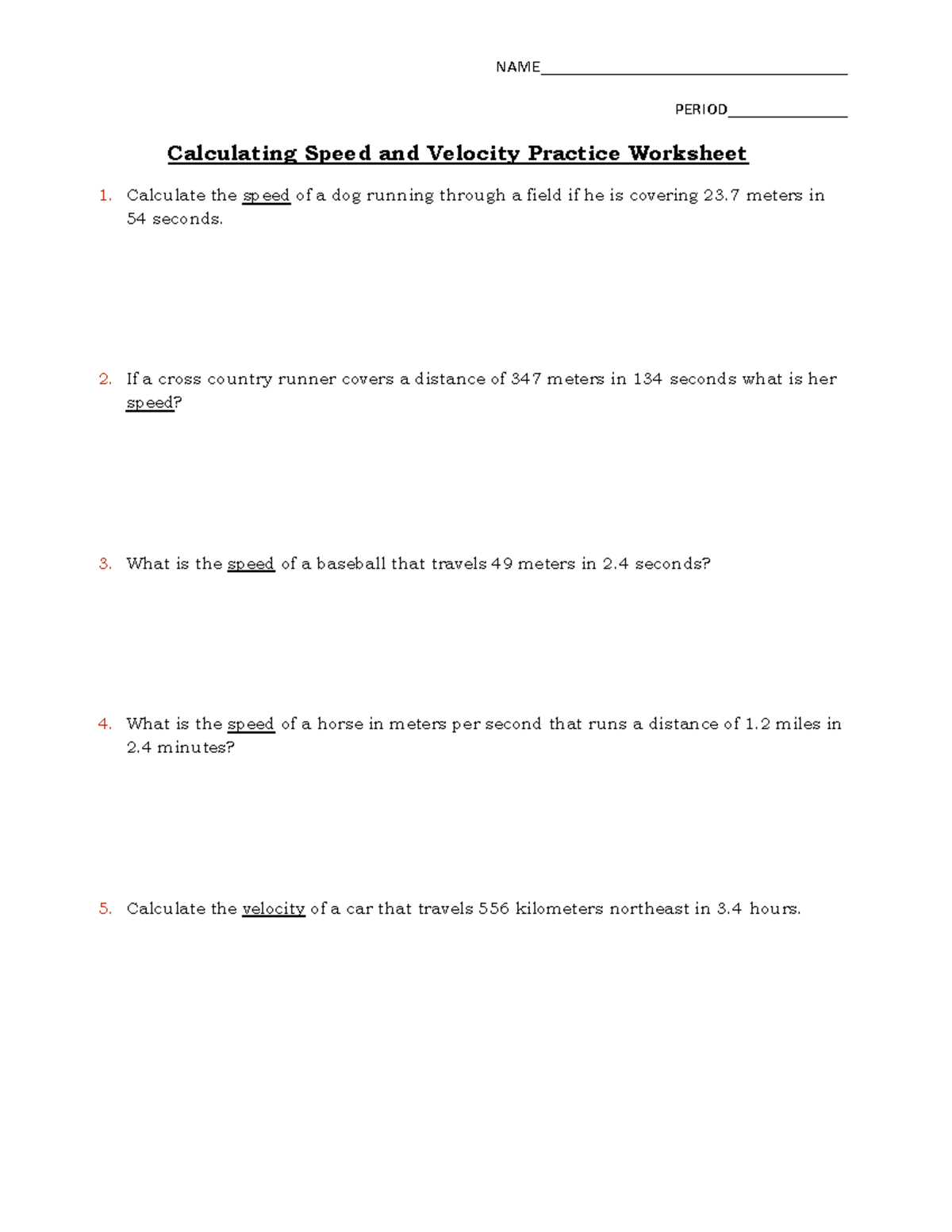Speed and Velocity Practice Worksheet: Calculations and Examples - Studocu