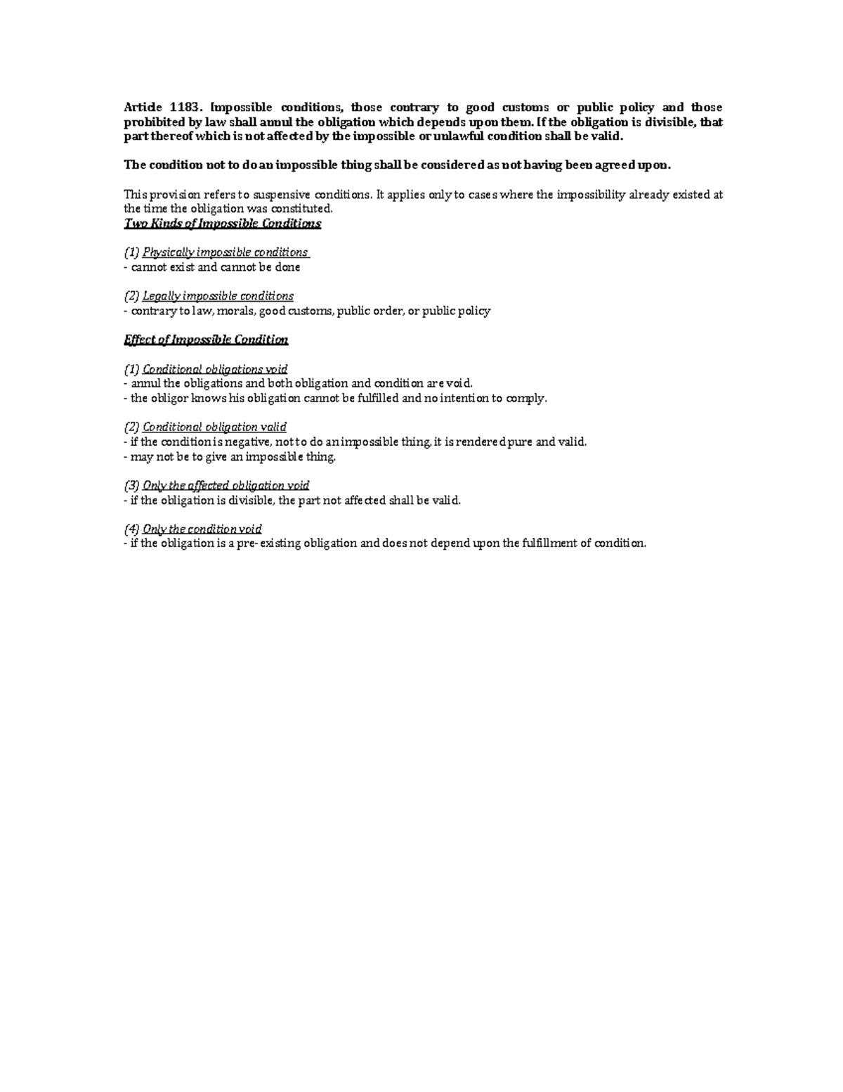 Article 1183 - Lecture Notes on Impossible Conditions and Effects - Studocu
