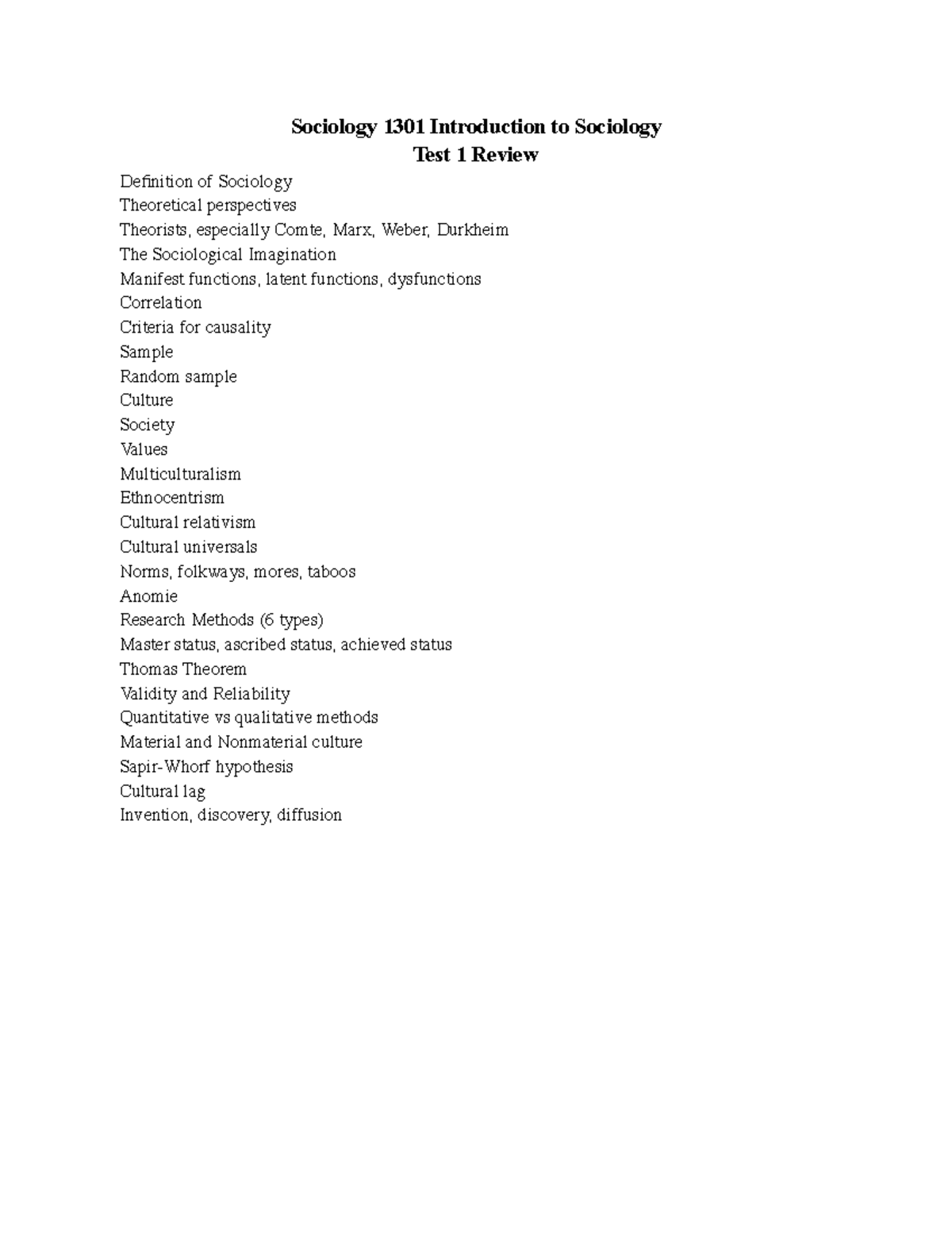 Sociology 1301 Test 1 Review - Studocu