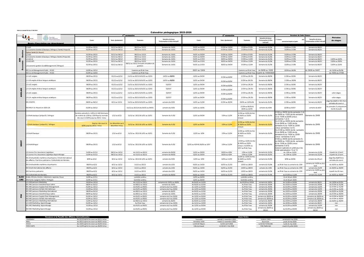 Calendrier Pédagogique 2025-2026 AI - Gestion AES Économie - Studocu