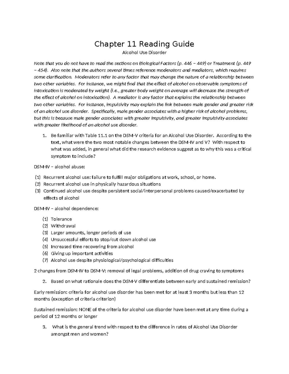 Chapter 11 Reading Guide: Understanding Alcohol Use Disorder - Studocu