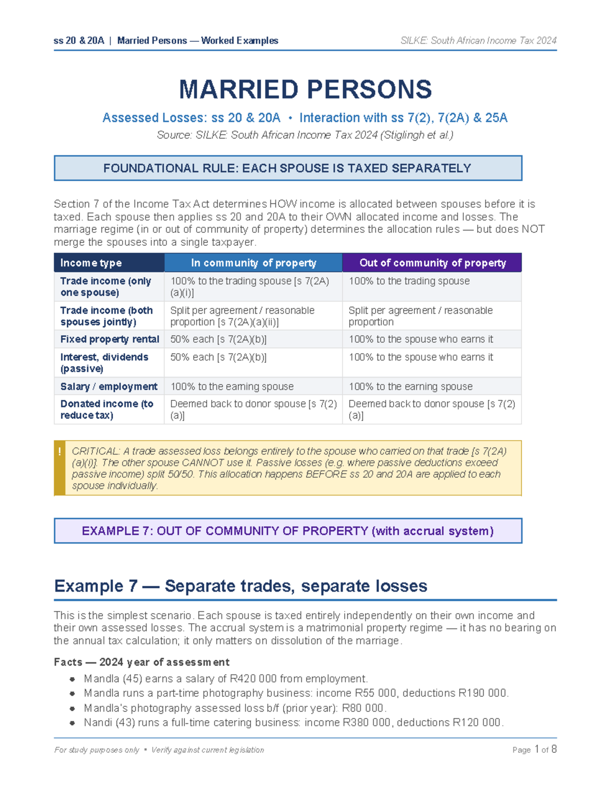 S20 S20A Married Persons Worked Examples: Taxation of Assessed Losses ...