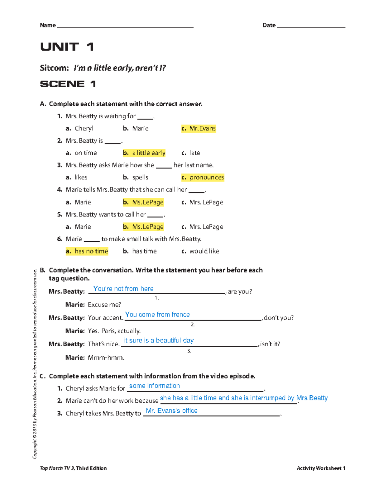 UNIT 01 Top Notch TV Activity Worksheets for Sitcom Analysis - Studocu