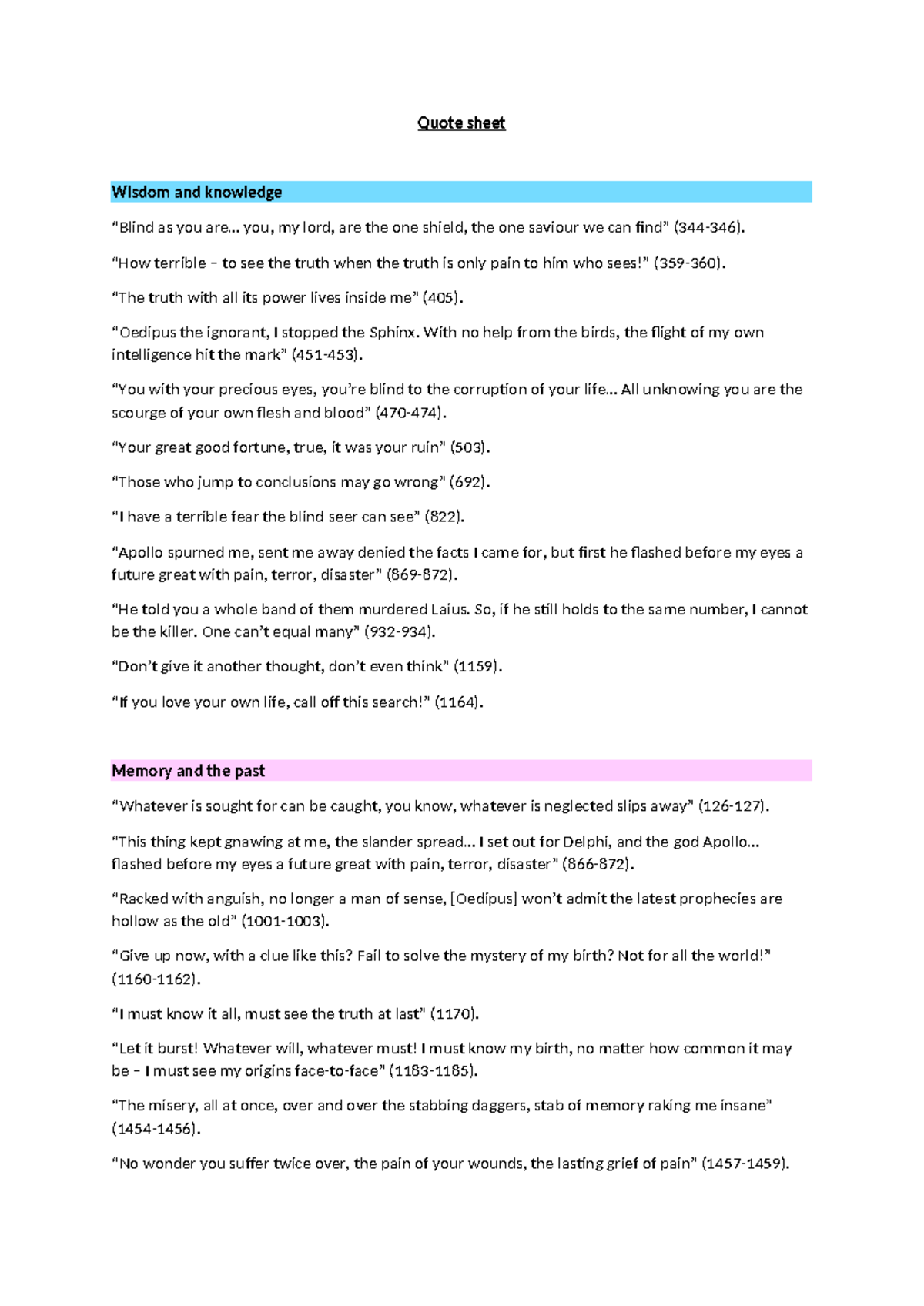 Quote Sheet: Wisdom and Knowledge in Oedipus Rex (ENG 405) - Studocu