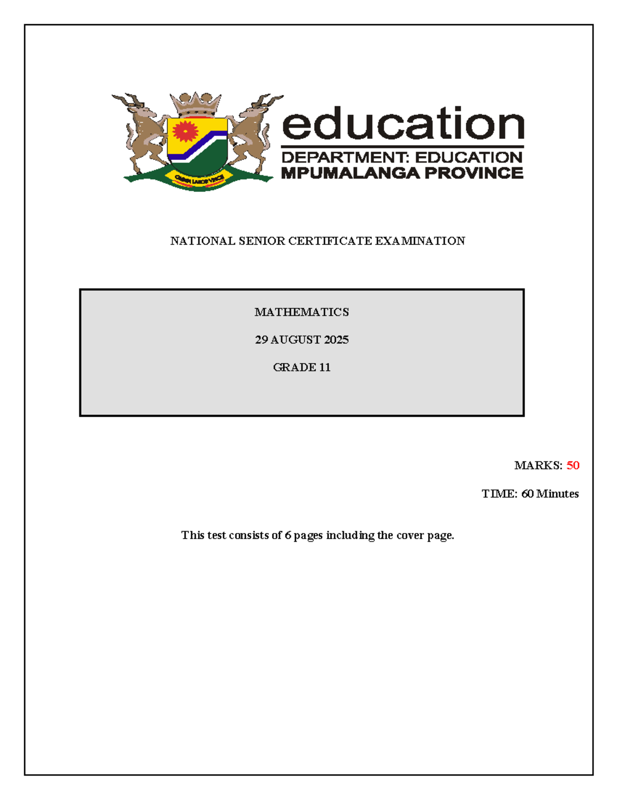 Gr 11 Mathematics NSC Exam - 29 Aug 2025 - Test Paper - Studocu