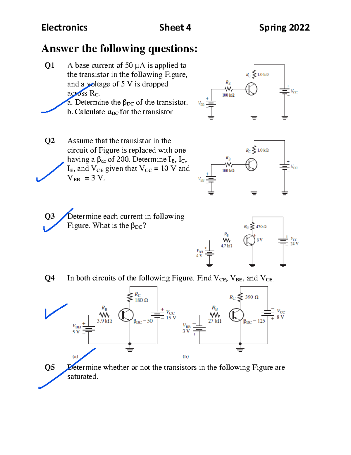 Electronics Sheet 4: Transistor Analysis and Calculations - Studocu