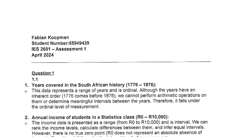 IES 2601 Assignment 1: Levels of Measurement & Statistical Means - Studocu