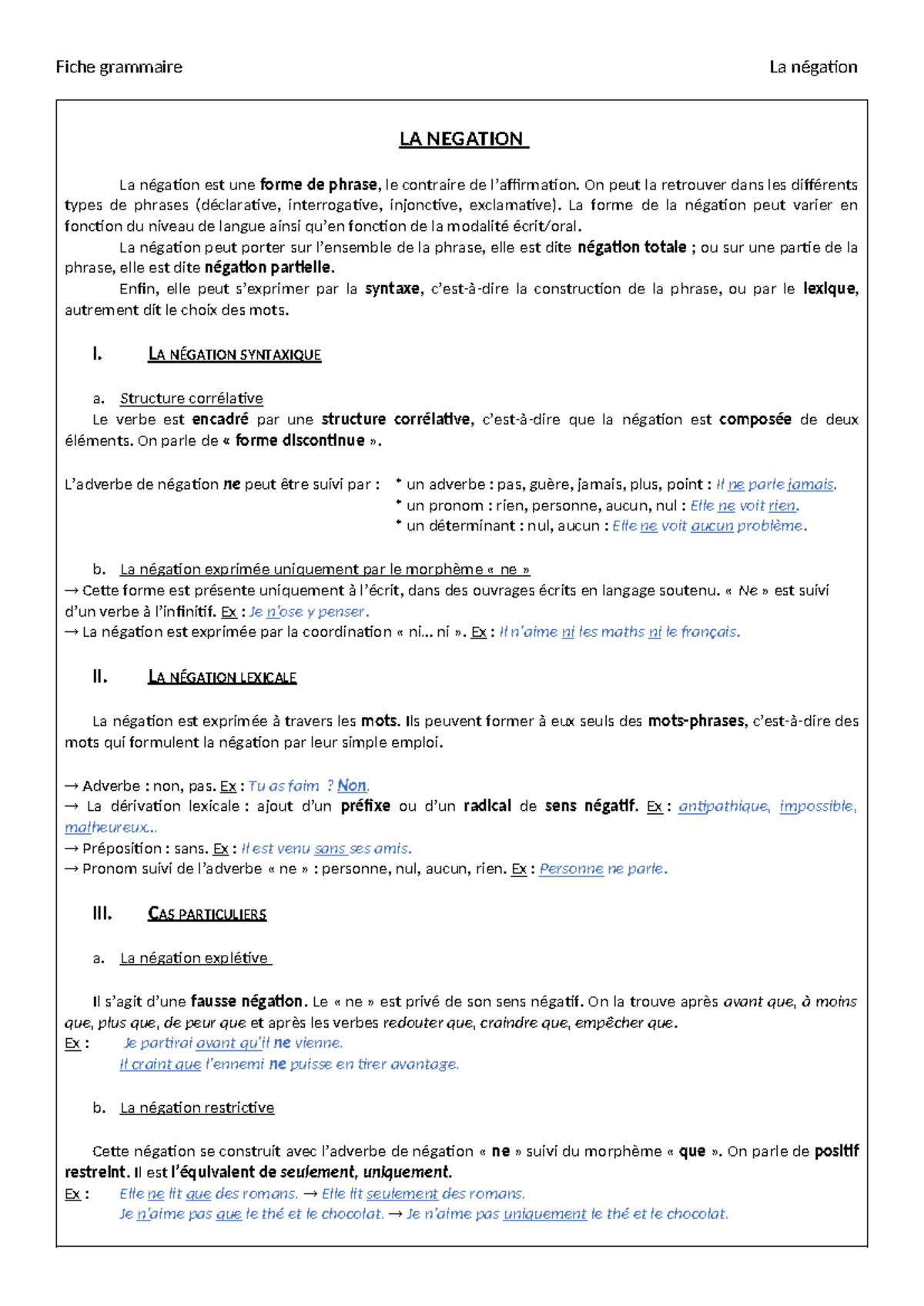 La négation - Fiche - Good luck - Fiche grammaire La négation LA ...