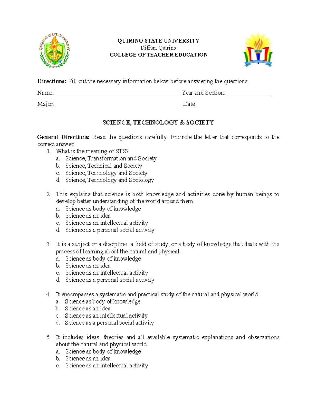 STS-EXAM: Comprehensive Quiz on Science, Technology & Society - Studocu