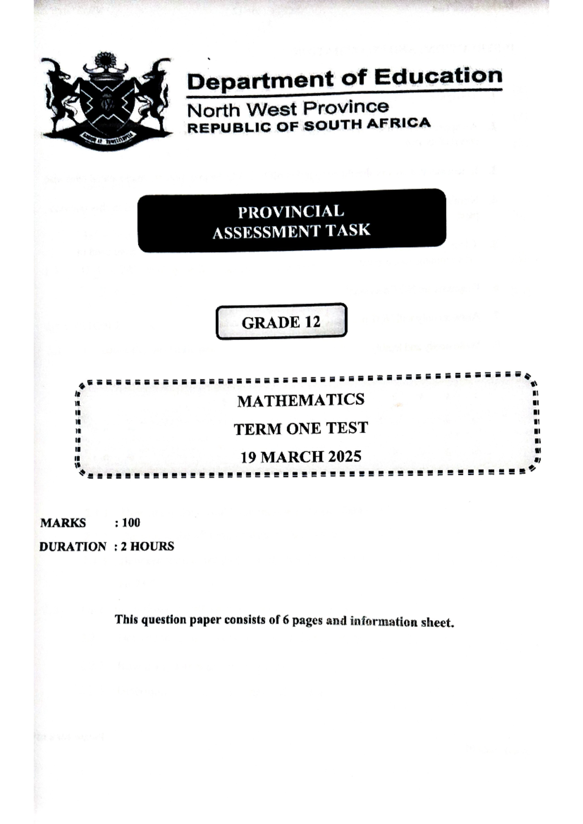 NSC Grade 12 Mathematics Term 1 Test 2025 - North West Province - Studocu