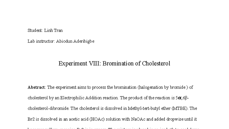 Experiment VIII: Bromination of Cholesterol (Organic Chemistry Lab ...