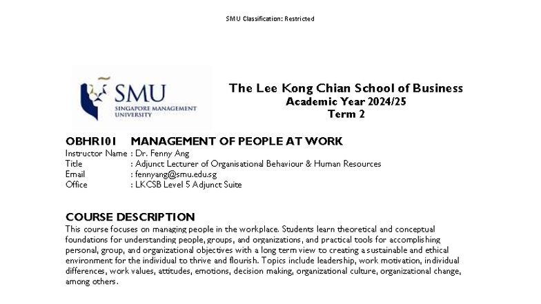 OBHR101 Management of People at Work - Course Outline by Dr. Fenny Ang ...