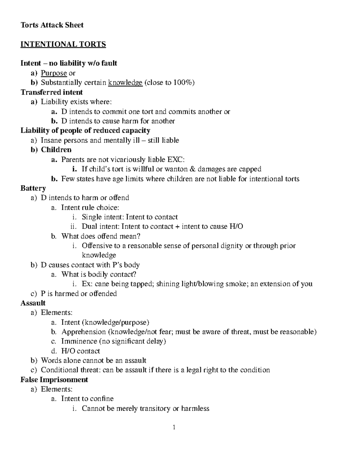 Torts Final Exam Attack Sheet Overview & Key Concepts - Studocu