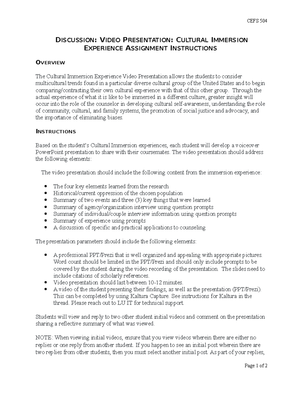 CEFS 504: Cultural Immersion Video Presentation Assignment Guide - Studocu