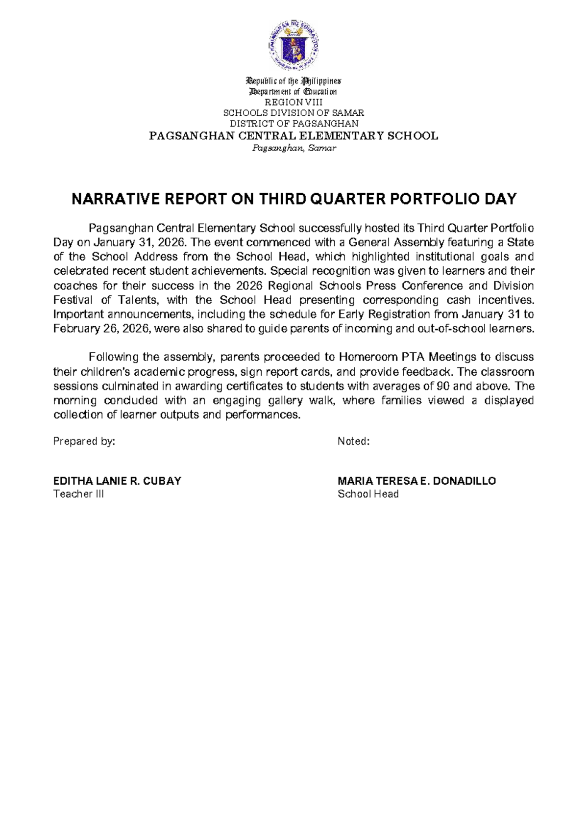 Narrative Report on Third Quarter Portfolio Day - Pagsanghan Central ...
