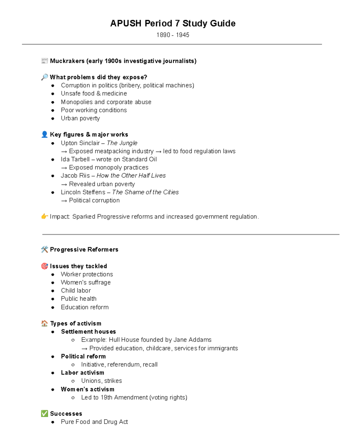 APUSH Period 7 Study Guide: Muckrakers, Progressive Reforms, and WWII ...