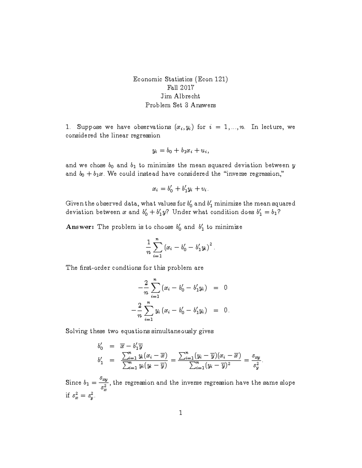 Econ 121 Problem Set 3 Solutions - Fall 2017 Answer Key - Studocu