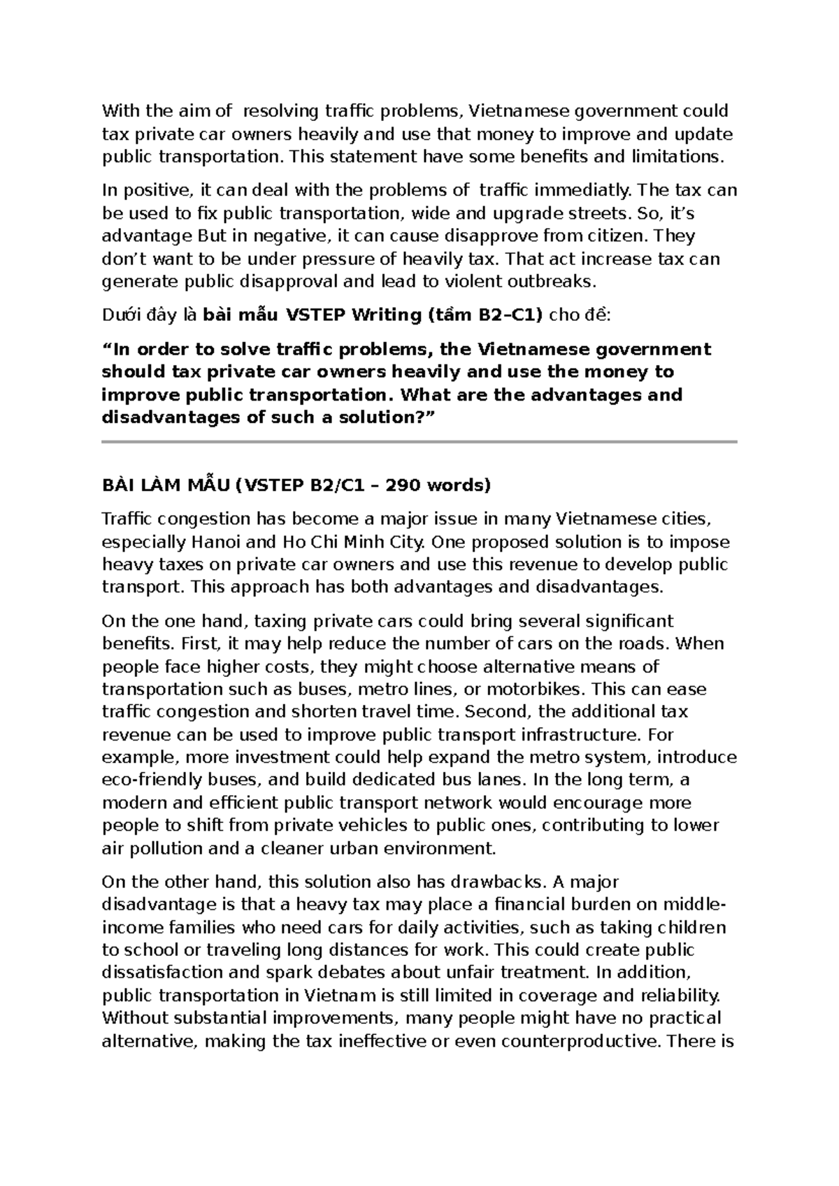 VSTEP Writing Sample: Taxing Private Cars for Public Transport ...