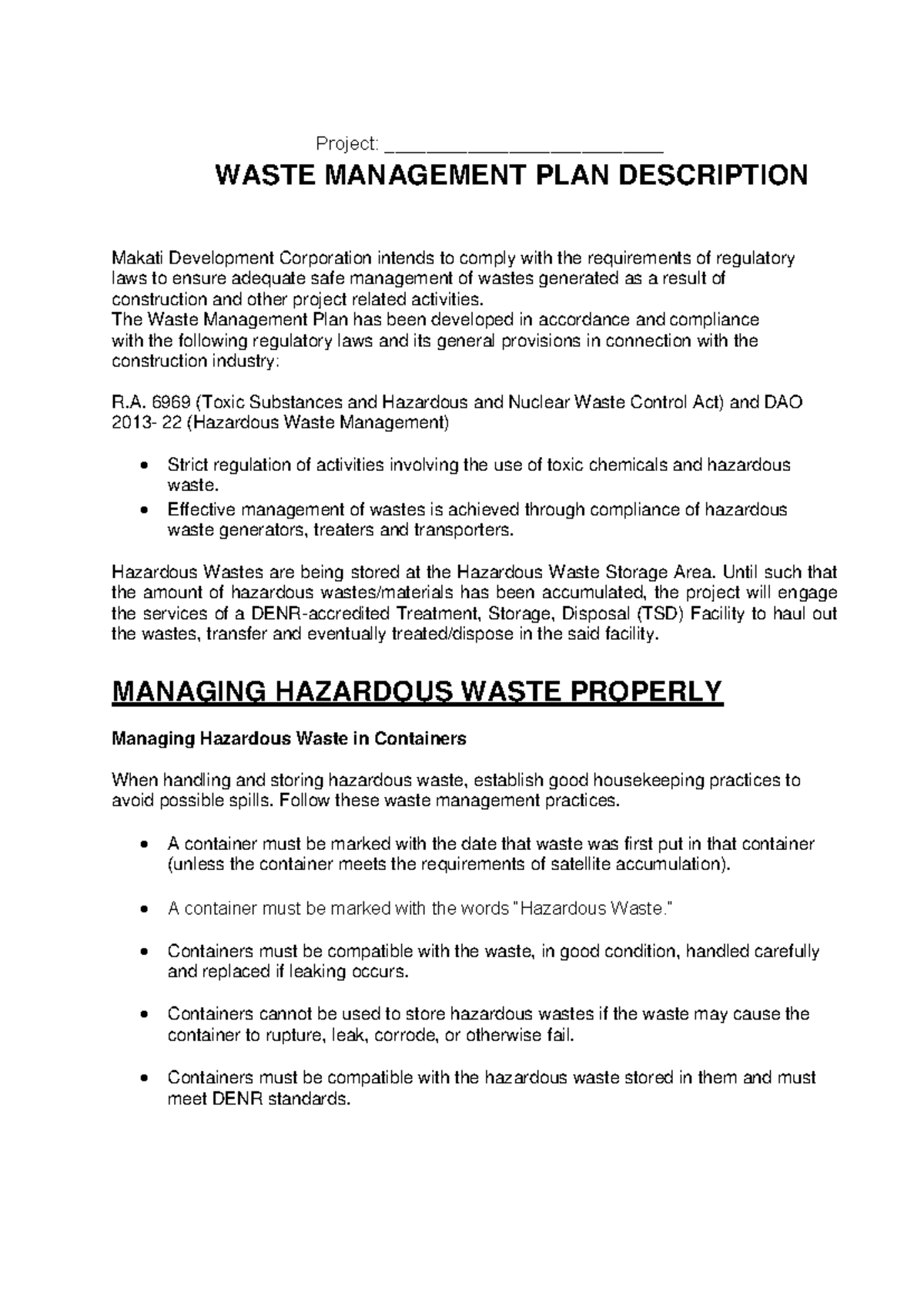 Waste Management Plan for One Vertis Plaza Project - Studocu
