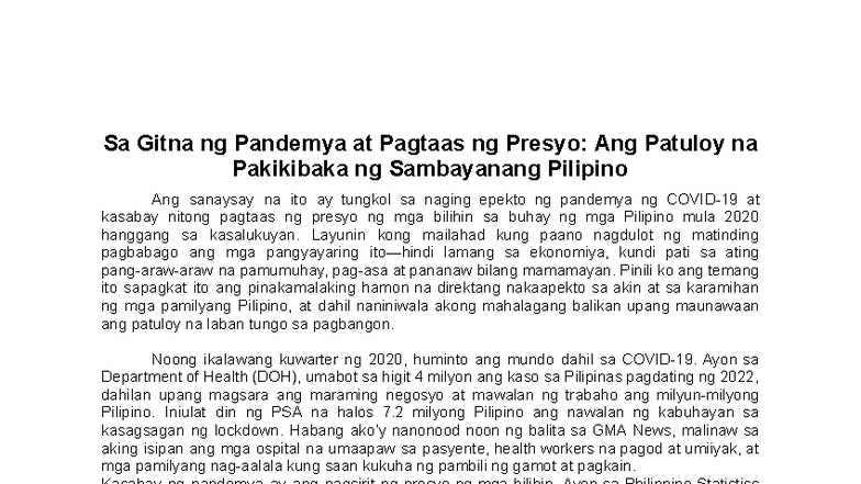 Sanaysay sa Pandemya at Pagtaas ng Presyo: Hamon ng mga Pilipino - Studocu