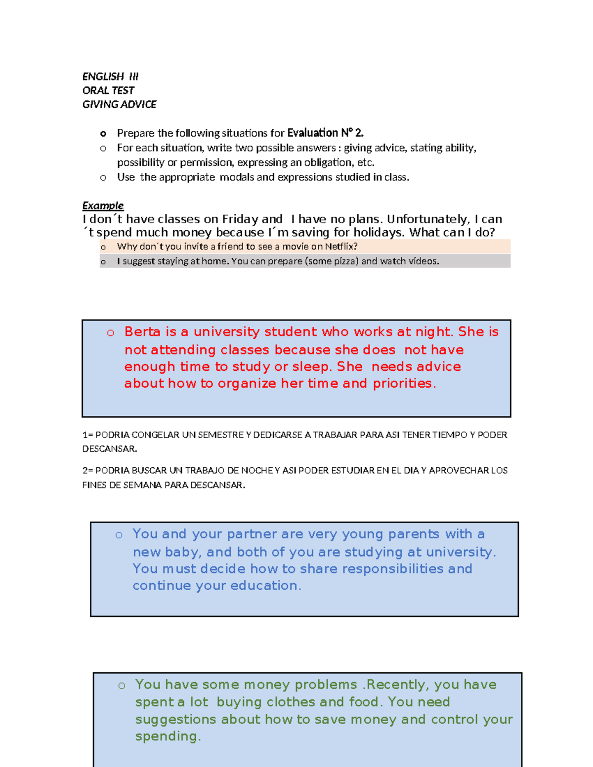 ENGLISH ORAL TEST: Giving Advice & Suggestions Cards 1 - Studocu