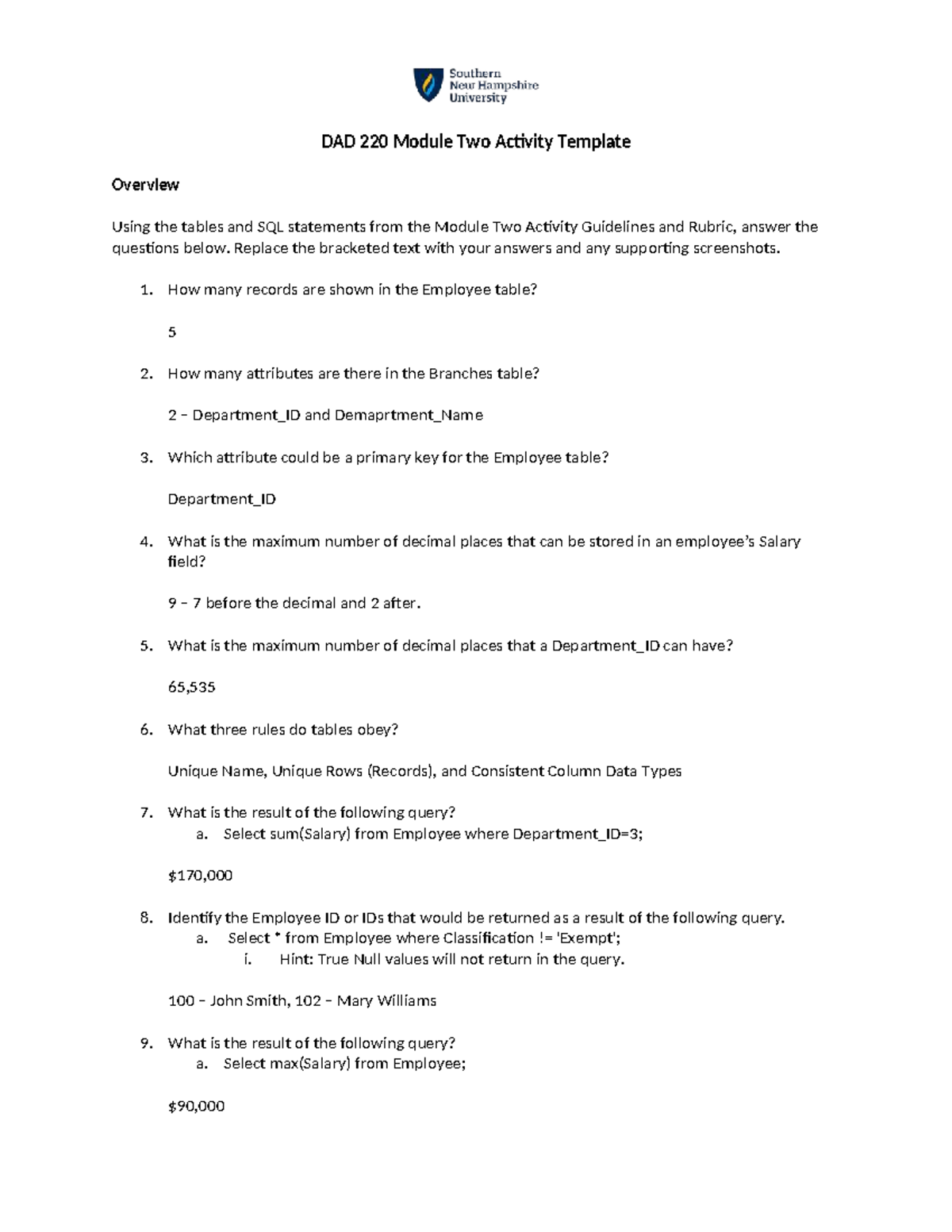 Andrews - Week 2 Assignment. - DAD 220 Module Two Activity Template Overview Using the tables ...