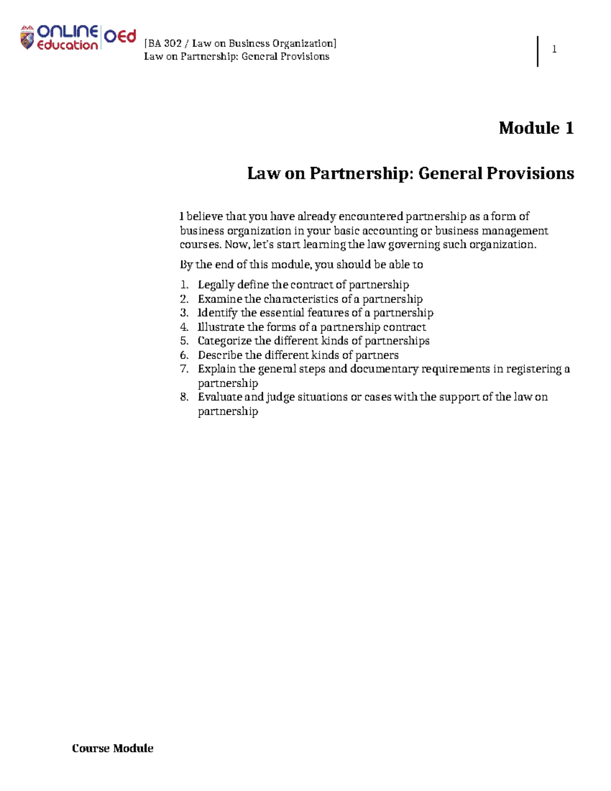 302 Law on Business: Partnership General Provisions Module 1 - Studocu
