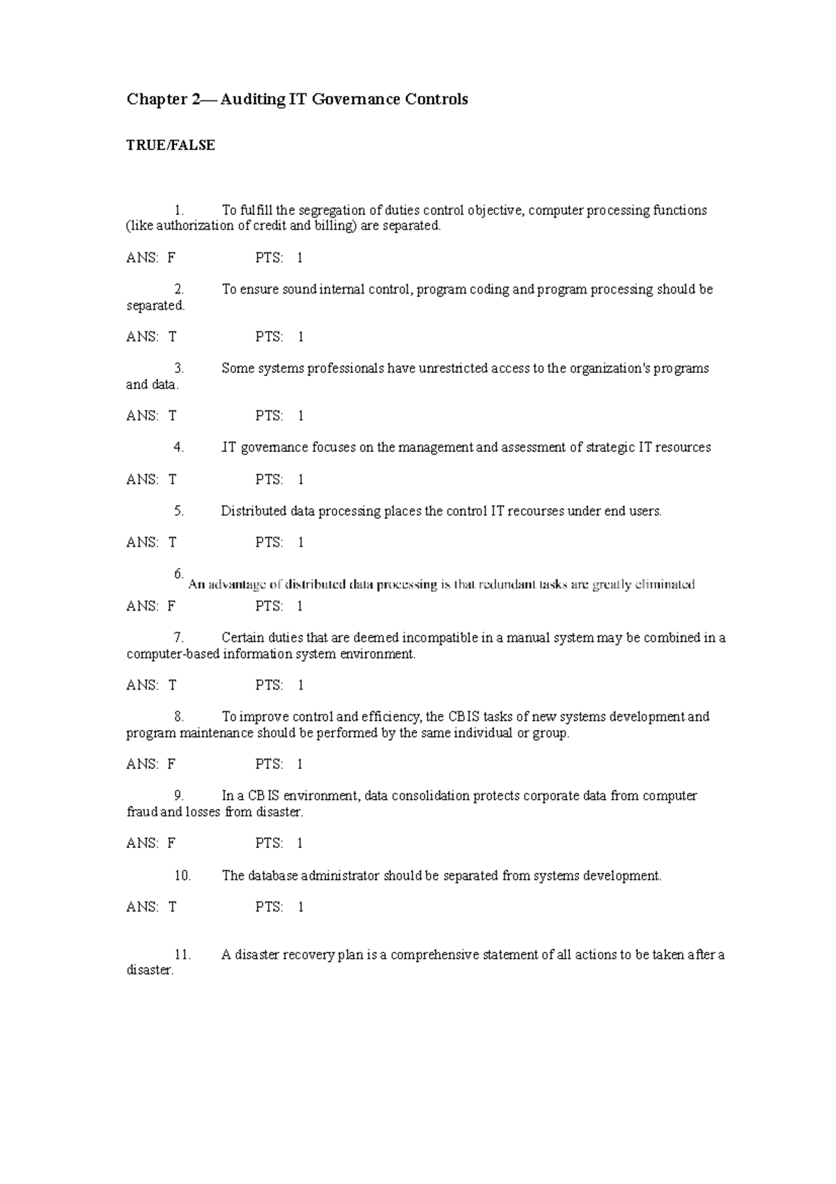 AUD CIS 2 - Chapter 2 Auditing IT Governance Controls Practice Quiz ...