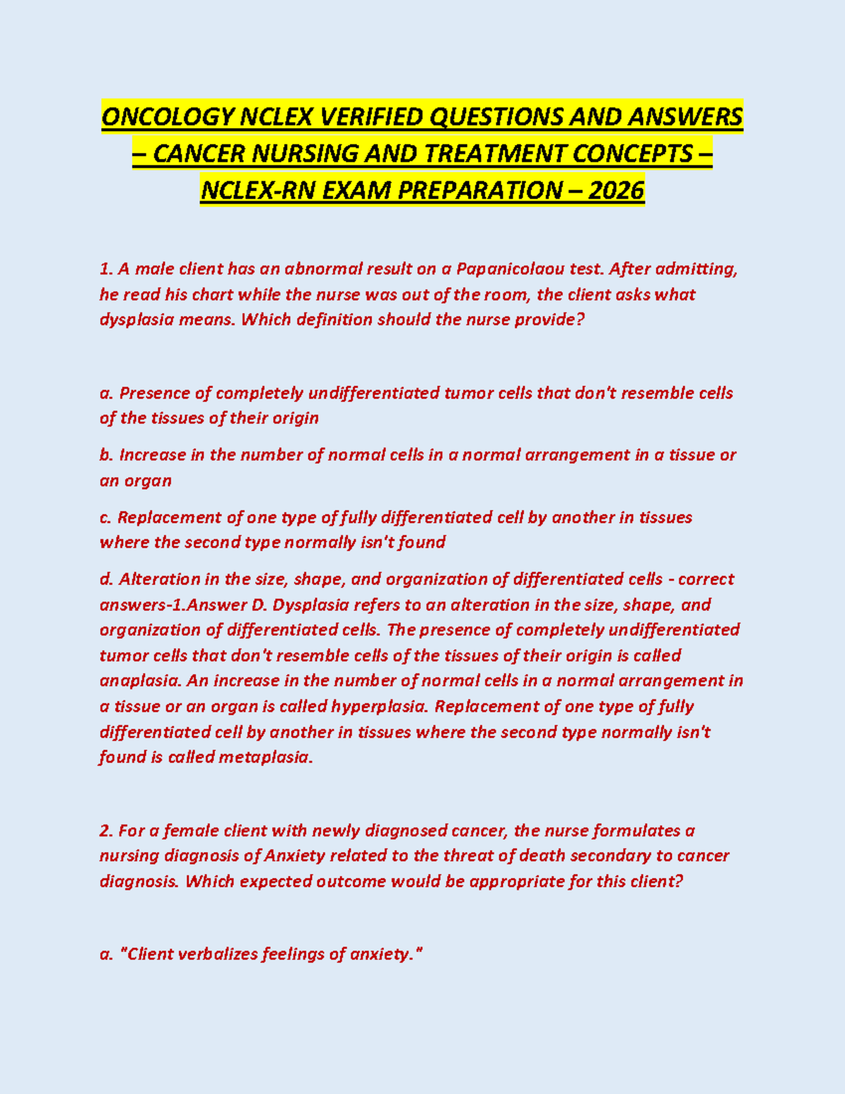 Oncology NCLEX-RN Exam Prep: Verified Q&A on Cancer Nursing Concepts ...