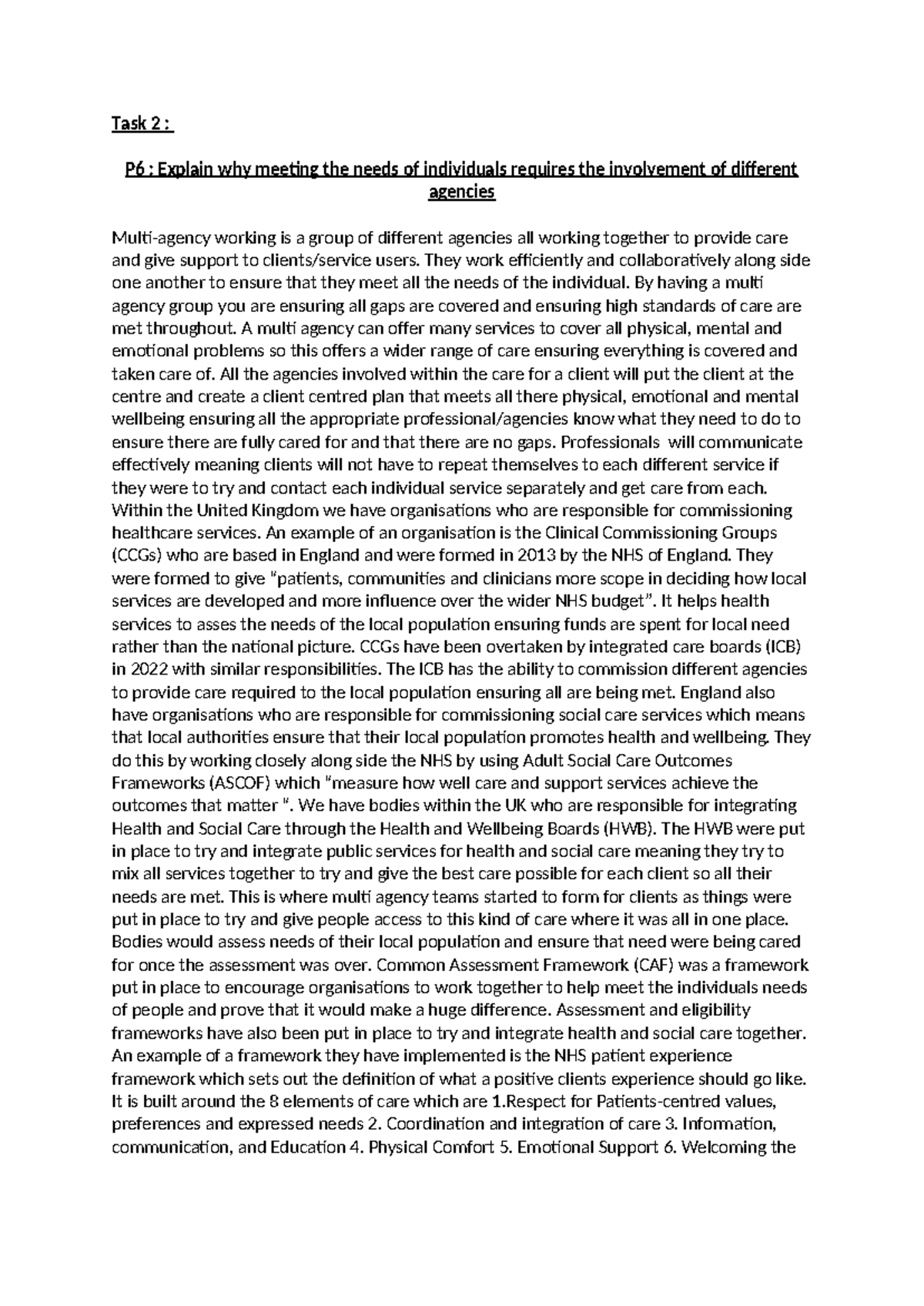 Unit 5 Task 2 - Multi-Agency Working for Distinction Level Care - Studocu