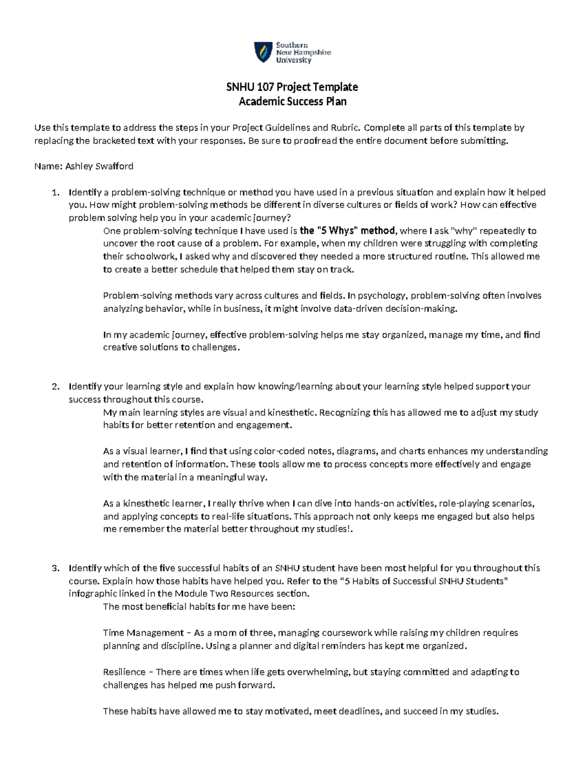 SNHU 107 Academic success plan template for module 7 completion - Studocu