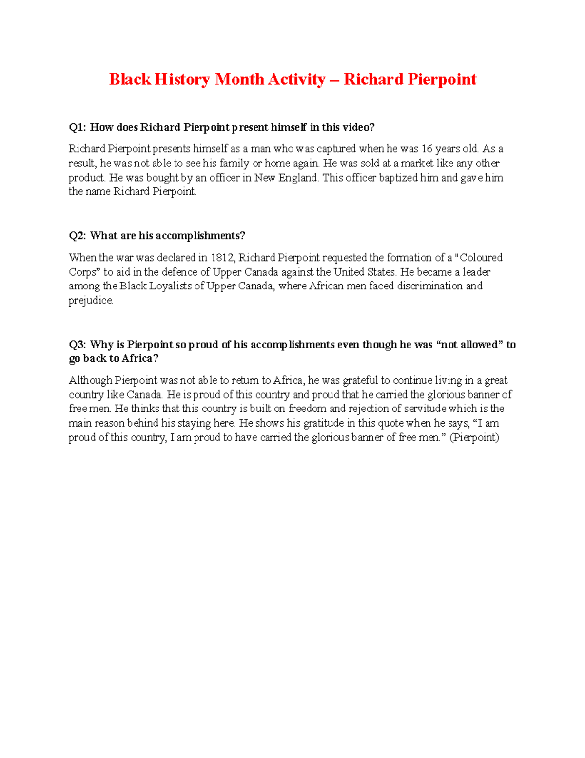 8. Black History Month Activity - Richard Pierpoint Insights - Studocu