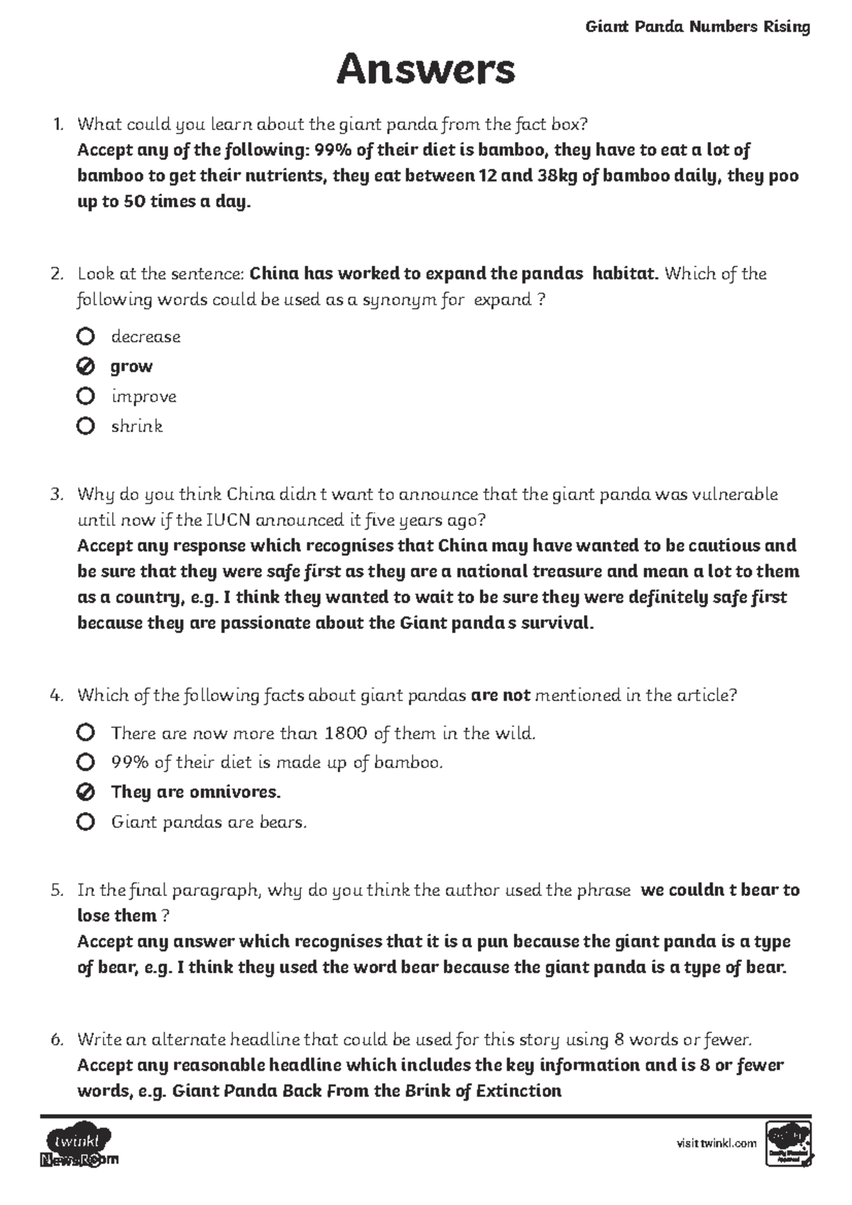 Giant Panda Numbers Rising - Daily Article Answers (UKS2) - Studocu