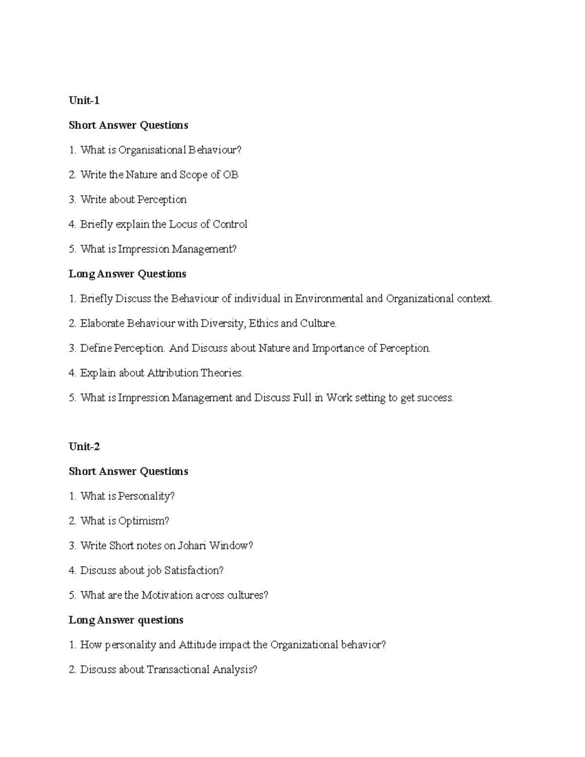 Organizational Behavior Short Answer & Long Answer Questions - OB 1234 - Studocu