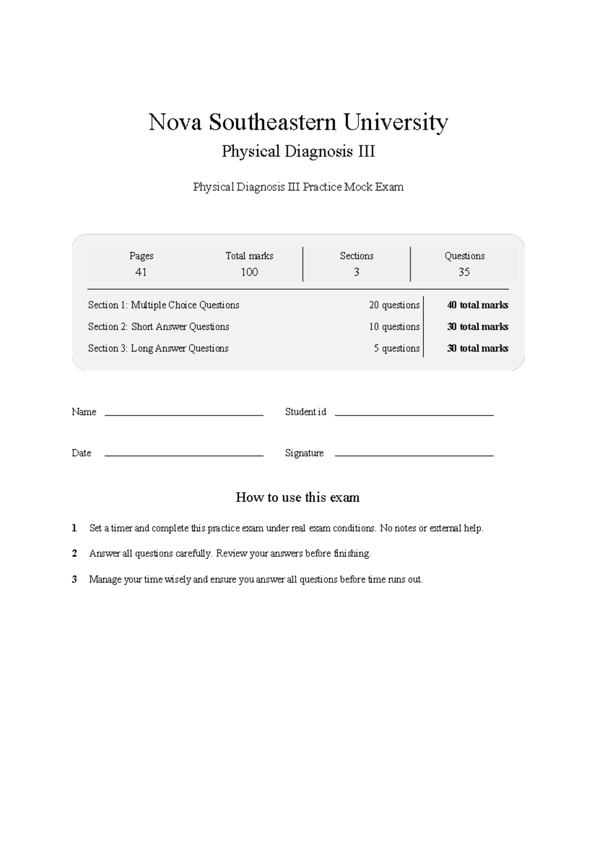 PAJ 5320 Physical Diagnosis III NSU Mock Exam Practice Test 2026 - Studocu