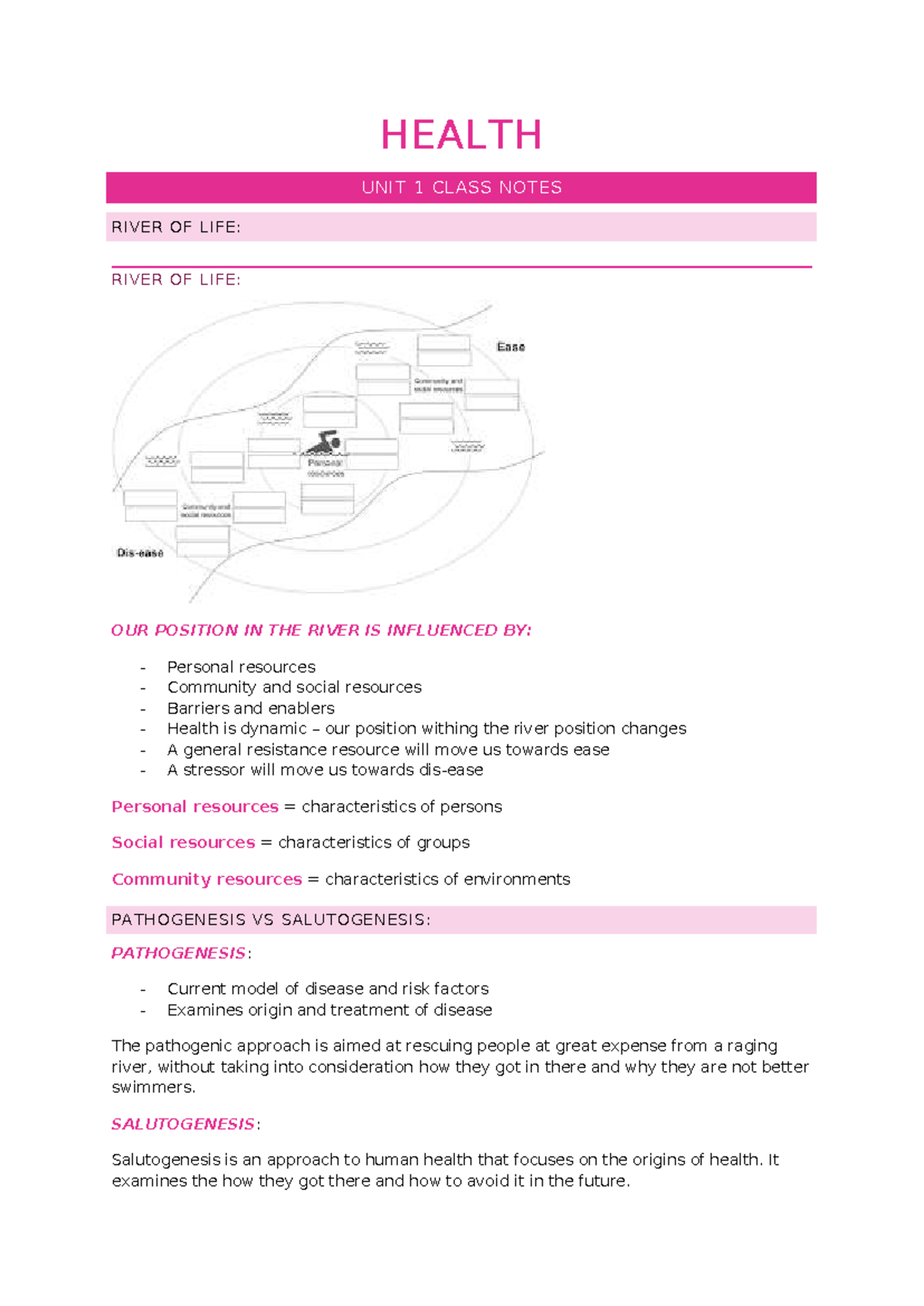 HEALTH UNIT 1 CLASS NOTES: RIVER OF LIFE & SALUTOGENESIS - Studocu
