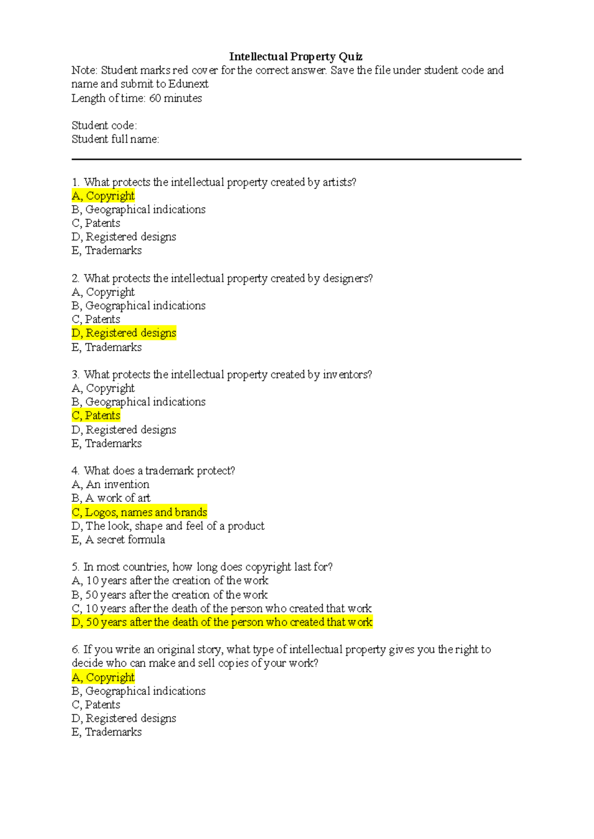 Bài kiểm tra điểm 10 - .,............... - Intellectual Property Quiz ...