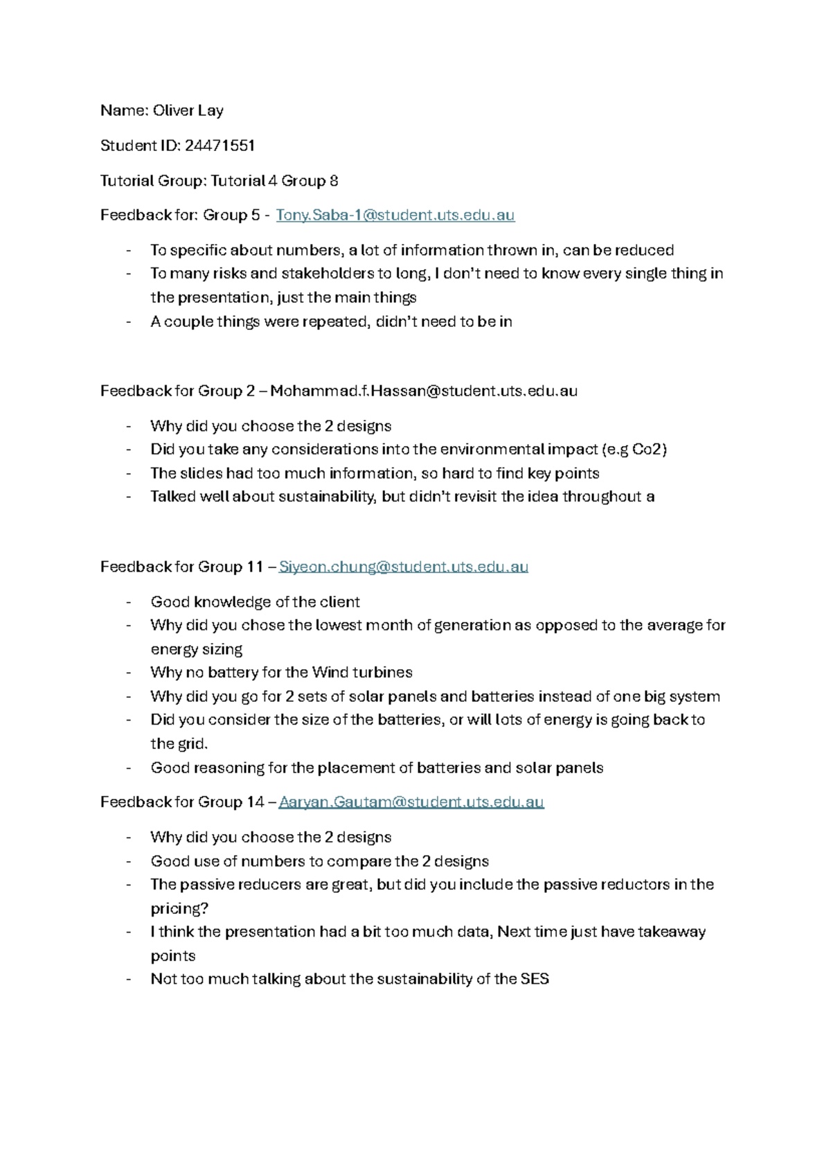 2B Peer Feedback for Group Presentations - 24471551 - Studocu