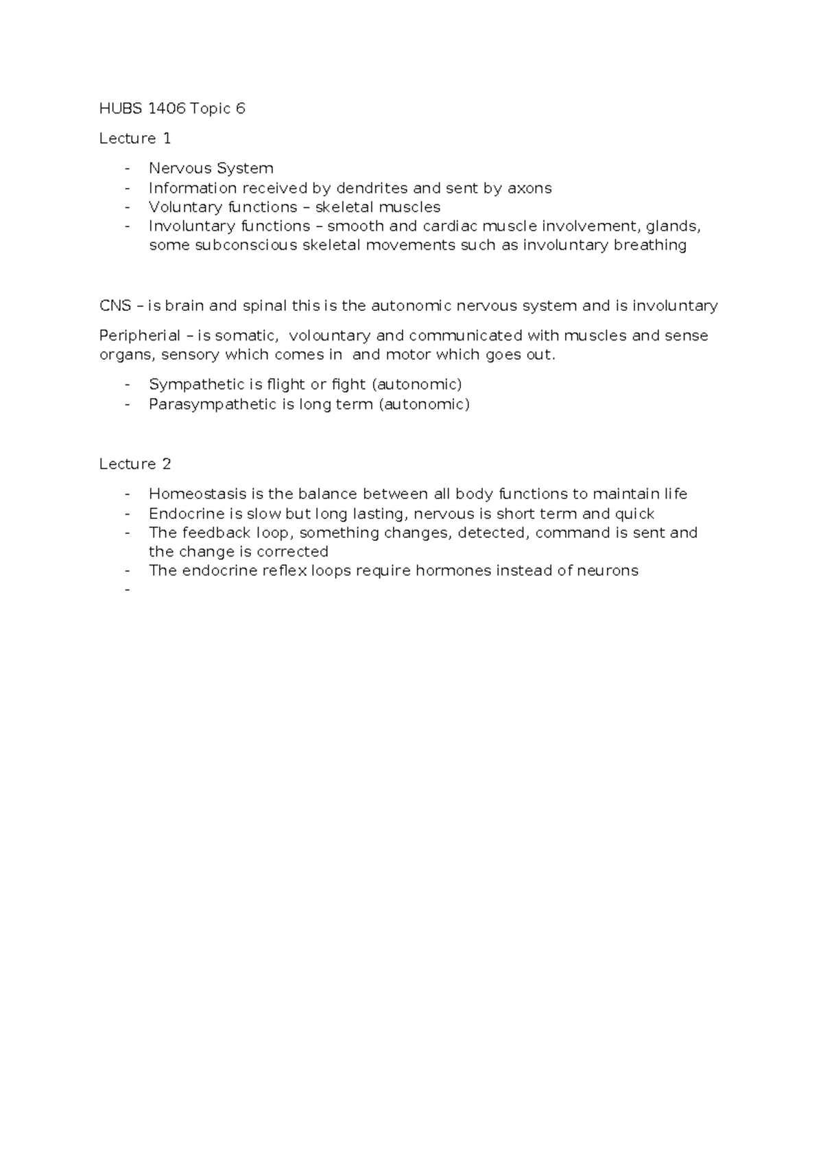 HUBS 1406 Topic 6 - note - HUBS 1406 Topic 6 Lecture 1 - Nervous System ...
