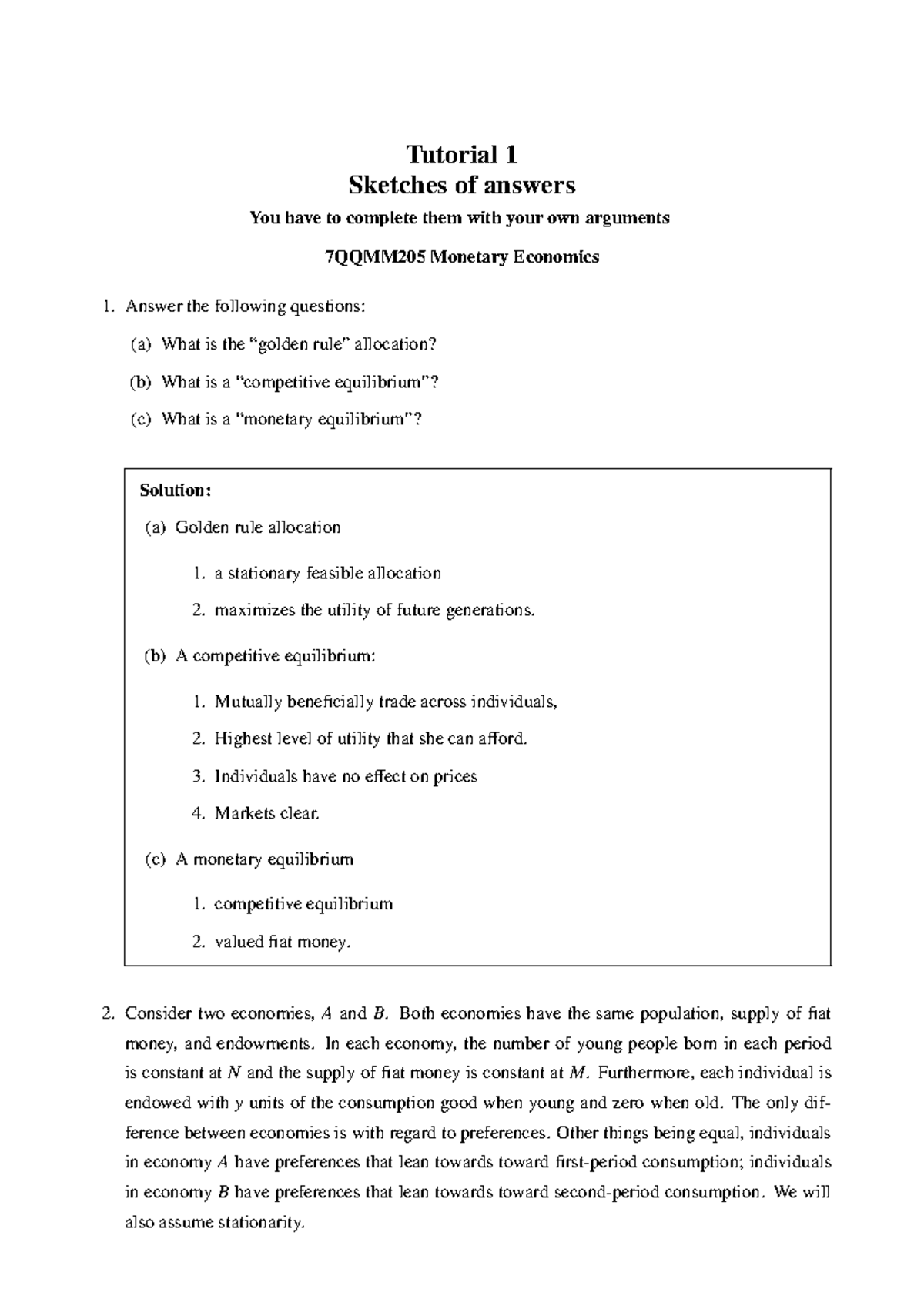 7QQMM205 Monetary Economics Tutorial 1: Sketches & Solutions - Studocu