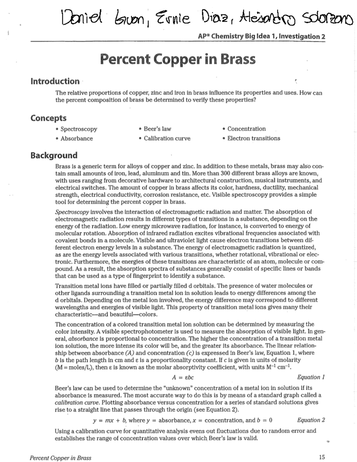 AP Chemistry Lab: Percent Copper in Brass Procedure & Questions - Studocu
